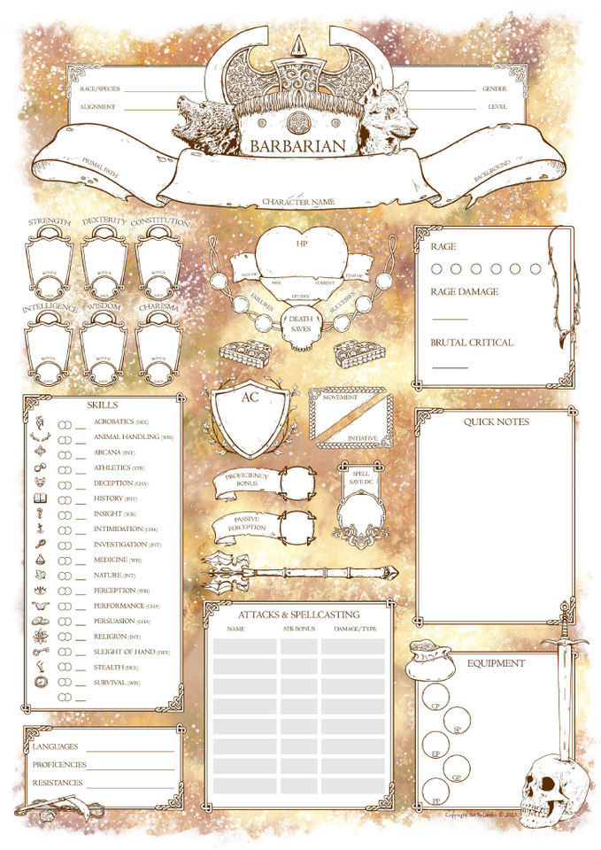 3 Dungeons and Dragons DnD 5e Barbarian Character Sheets Pack Fantasy ...