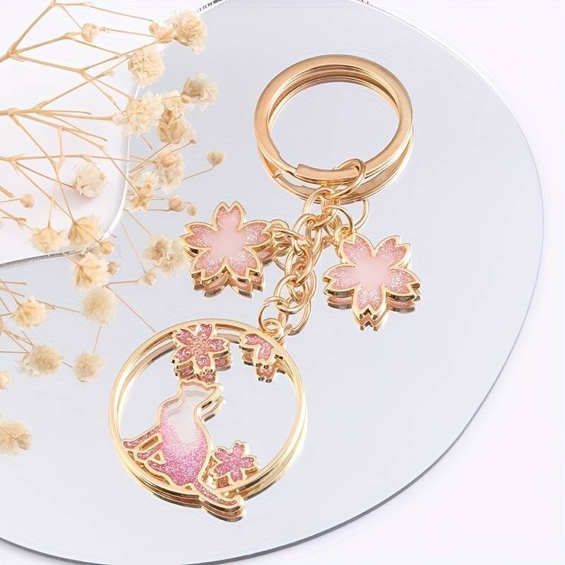 Sakura Flower Cat Keychain Glitter Cute Animal Key Ring Car Key Charm ...