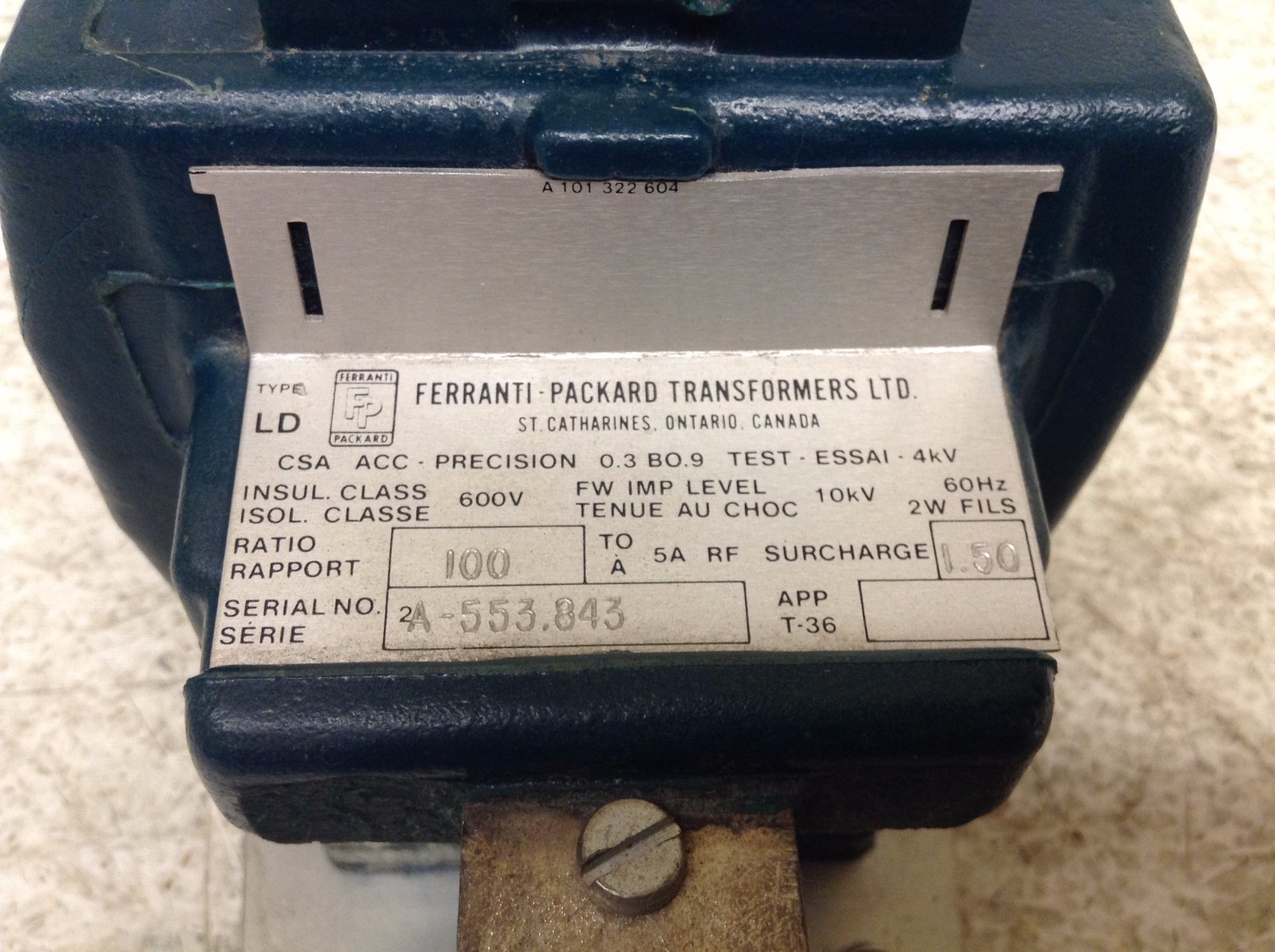 Ferranti Packard Type LD 100:5 A Current Transformer Surcharge 1.5 600 ...