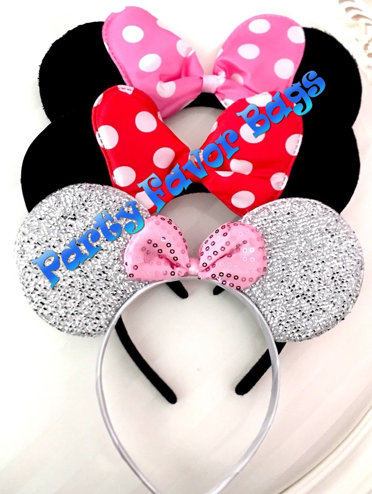 3 Minnie Mouse Headbands Black Plush Pink Red White Polka Dots Shiny ...