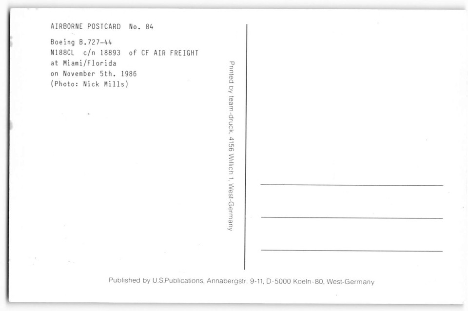 Postcard Airline CF AIR FREIGHT Boeing 727-44 N188CL AUC1. | eBay
