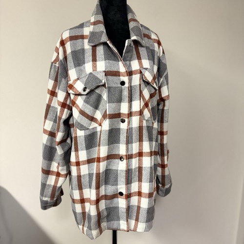 HFX Women's Shacket XL Plaid Flannel Button Up Jacket Gray White Rust ...