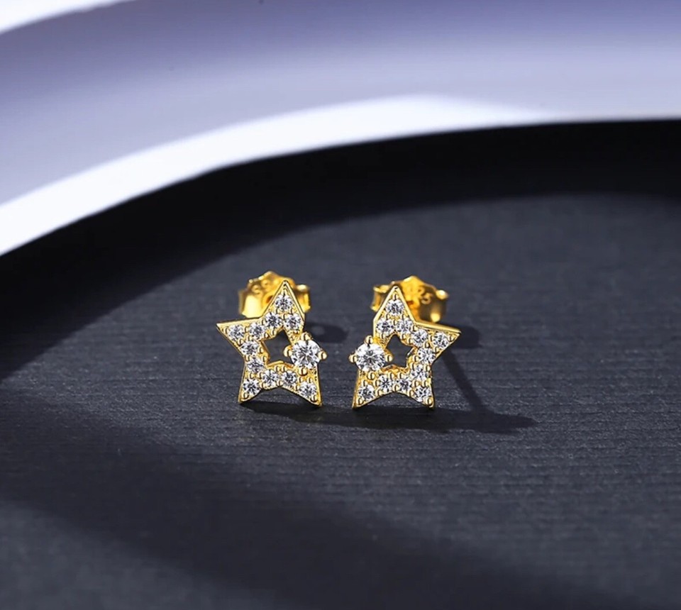 Star Cubic Zirconia Stud Earrings 14k Gold Plated Sterling Silver 925 ...