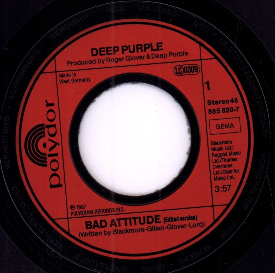 Deep Purple Bad Attitude 7" vinyl Germany Polydor 1987 pic sleeve ...