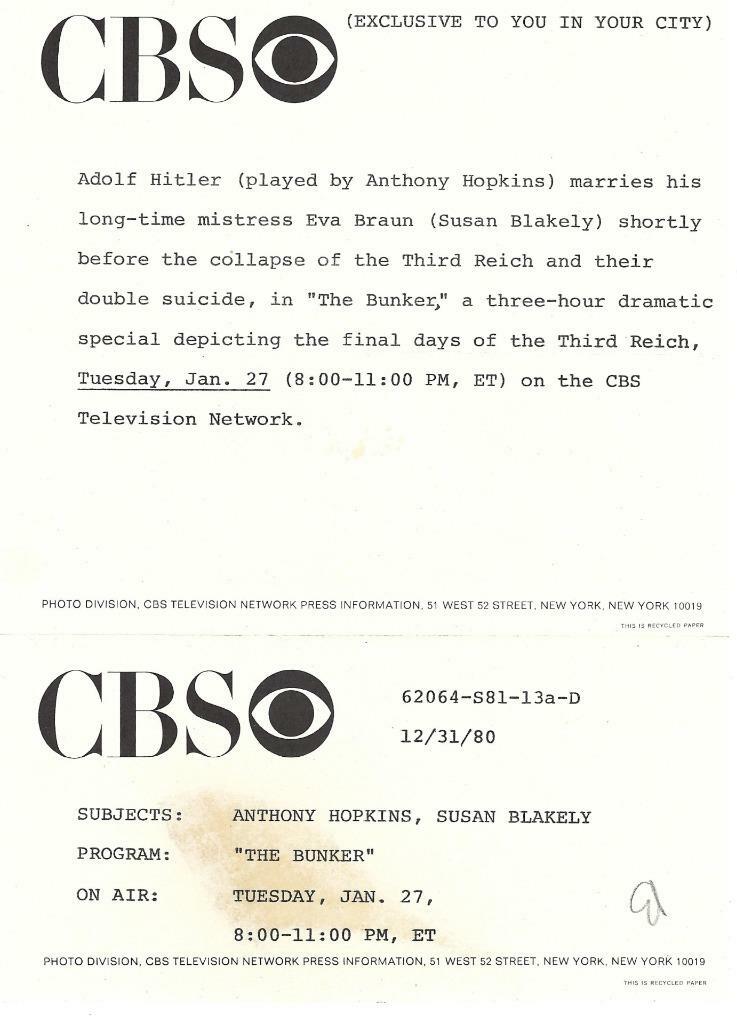 Susan Blakely, Anthony Hopkins "The Bunker" 1981 Movie Still Photo #2 ...