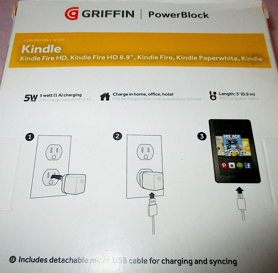 Griffin KINDLE Powerblock Wall 5W Fast-Charger w/ Micro USB Cable NEW ...