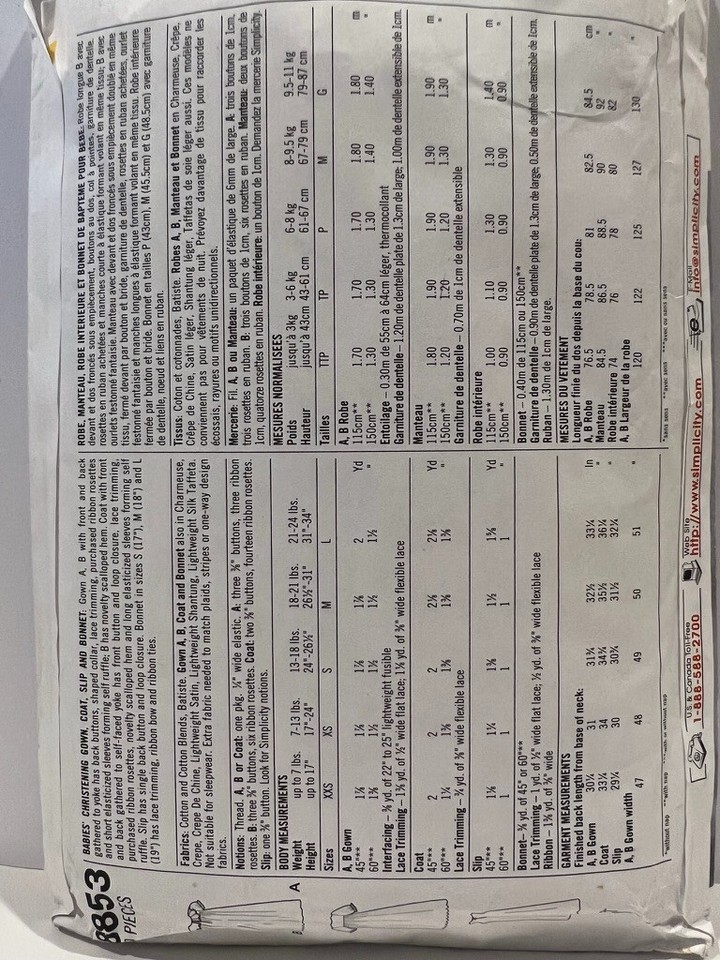 Simplicity 8853 Baby Christening Gown Coat Bonnet Slip Pattern Sz XXS ...