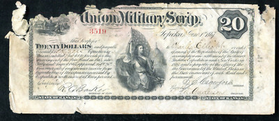1867 $20 TWENTY DOLLARS UNION MILITARY SCRIP STATE OF KANSAS (J) | eBay