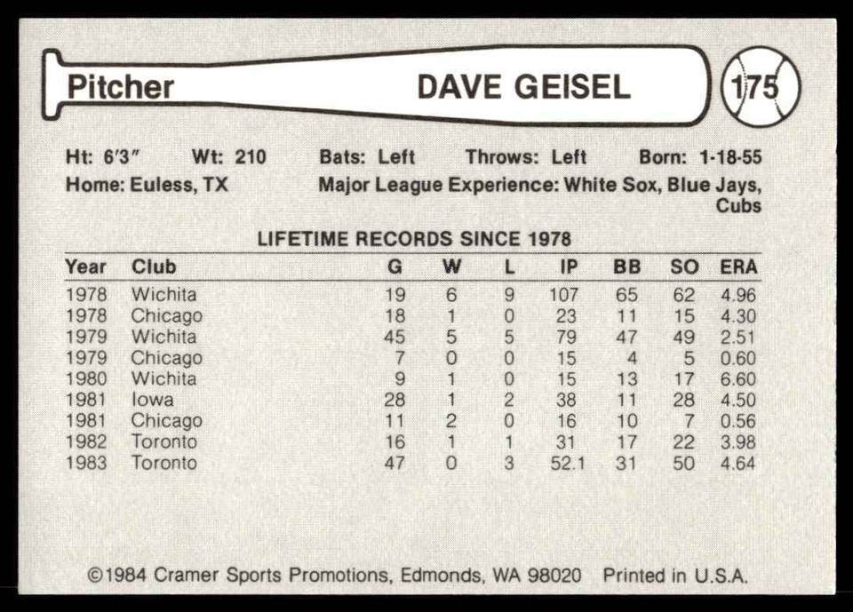 1984 Cramer Salt Lake City Gulls Dave Geisel Salt Lake City Gulls #175 ...