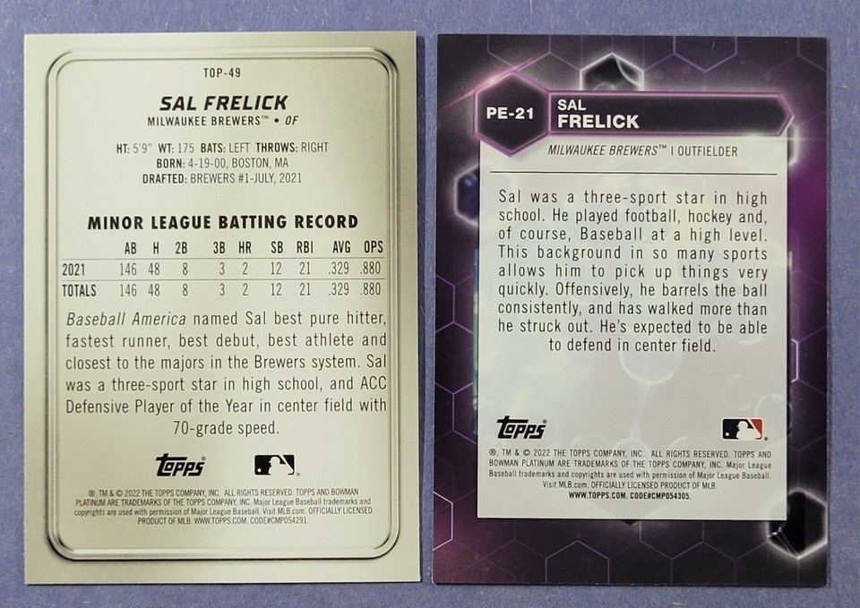 2022 Bowman Platinum SAL FRELICK #TOP-49 + Precious Elements #PE-21 ...
