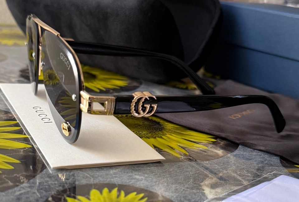 Gucci GG 1220S Black & Gold Aviator Sunglasses - Ships Today! | eBay