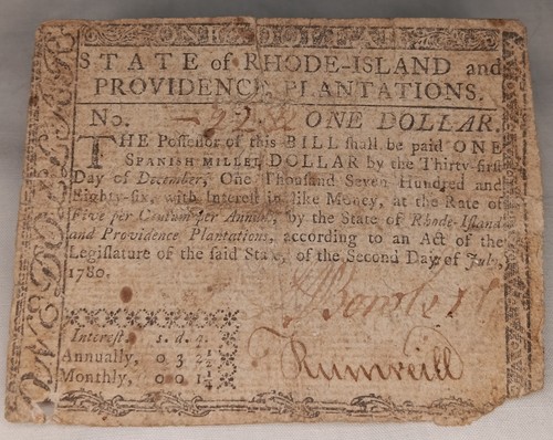 Rare July 2, 1780 Rhode-Island $1 One Dollar Colonial Currency Banknote ...