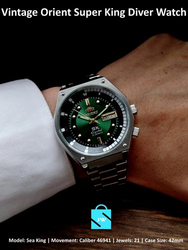 Vintage Orient Super King Crystal 42mm Cal. 46941 21 Jewels Gold/Red/Green Dial | eBay