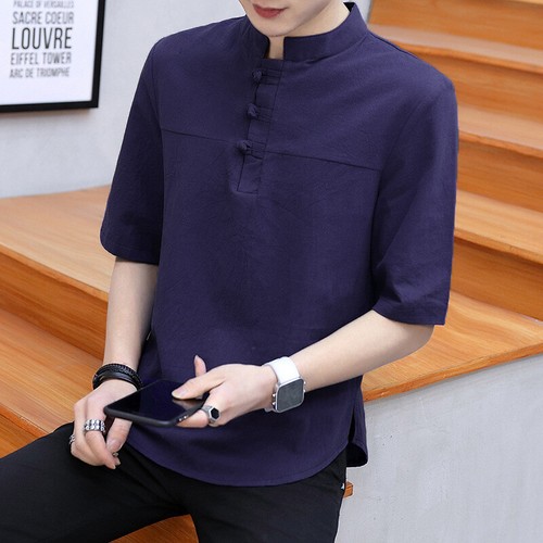 Summer Men Chinese Style Button Stand Collar Cotton Linen Short-Sleeved ...