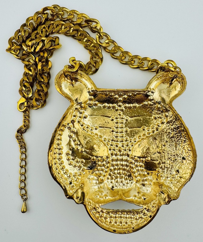 Gold Tone Tiger Face Pendant Necklace Rhinestone Statement 20” | eBay
