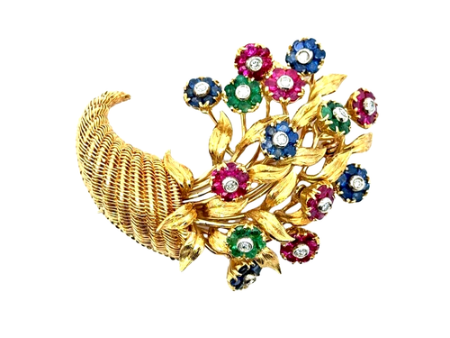 Tiffany & Co Diamond & Gemstone 18K Gold Cornucopia Vintage Pin with ...