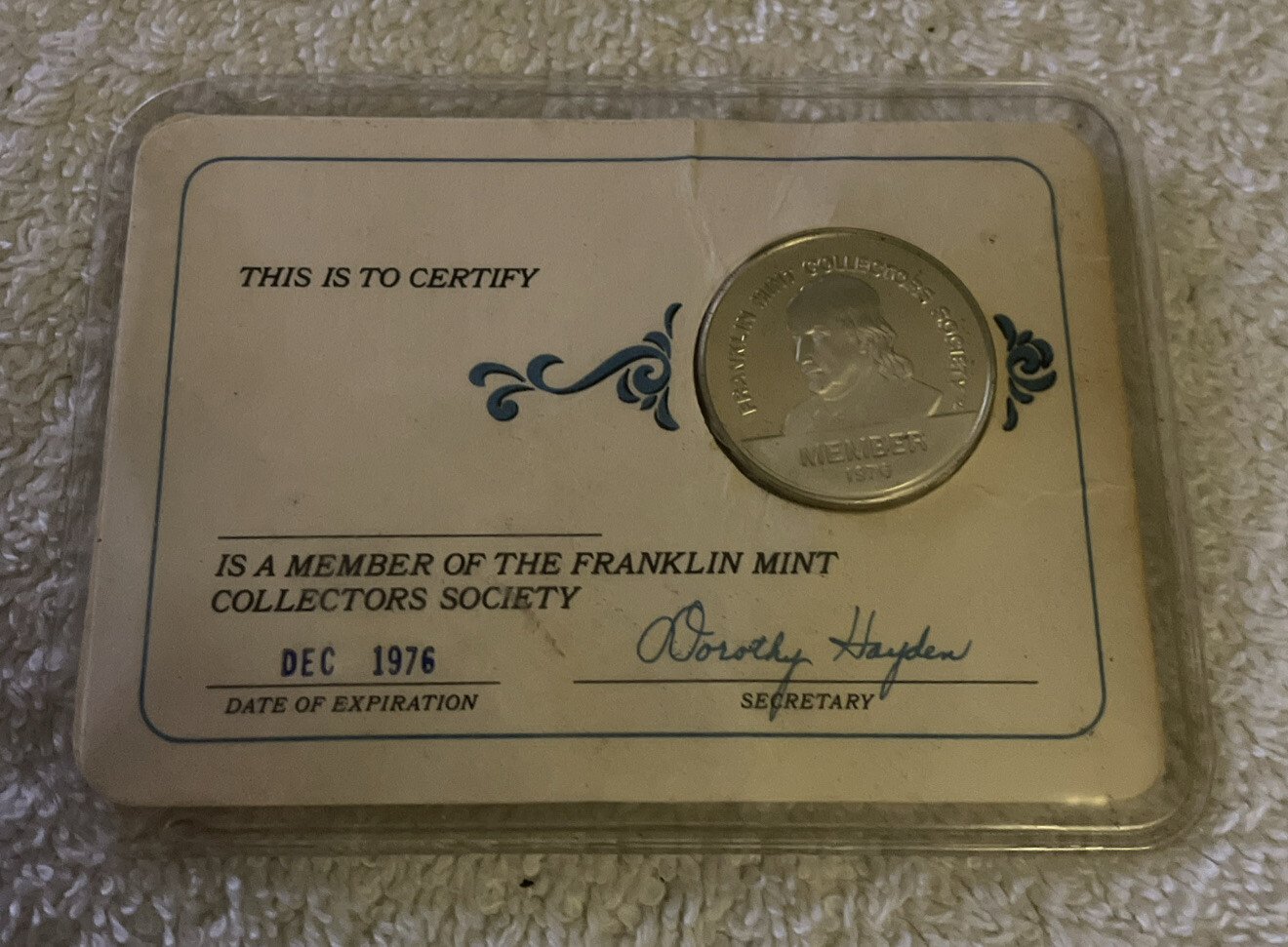 1976 Franklin Mint Collectors Society Silver Member Coin On Card, Blank ...