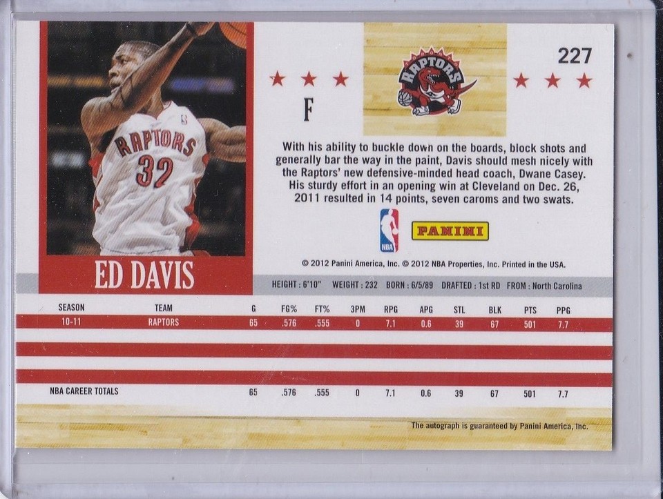 ED DAVIS 2011-12 Panini NBA Hoops Autograph Card #227 | eBay
