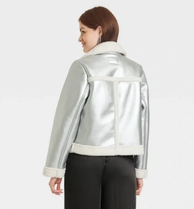 Women's A New Day Metallic Shearling Moto Jacket Silver Size X-Large ...