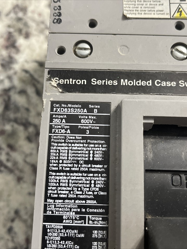 SIEMENS FXD63S250A SWITCH 250 AMP 3 POLE 600 VAC TYPE FXD6-A | eBay