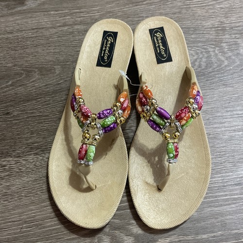 NEW Ladies 9 Grandco Comfort Flex Beige Multi Beads Sandals Flip Flops ...
