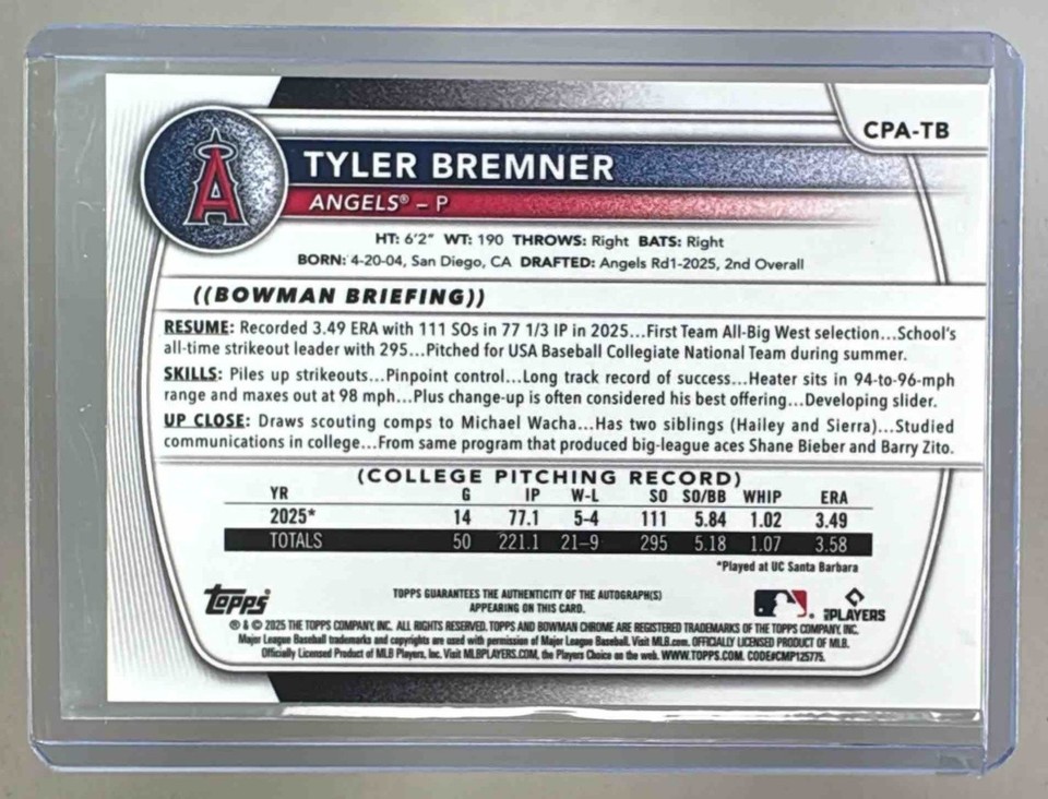 Tyler Bremner 2025 Bowman Chrome Draft #CPA-TB Auto 1st RC | eBay