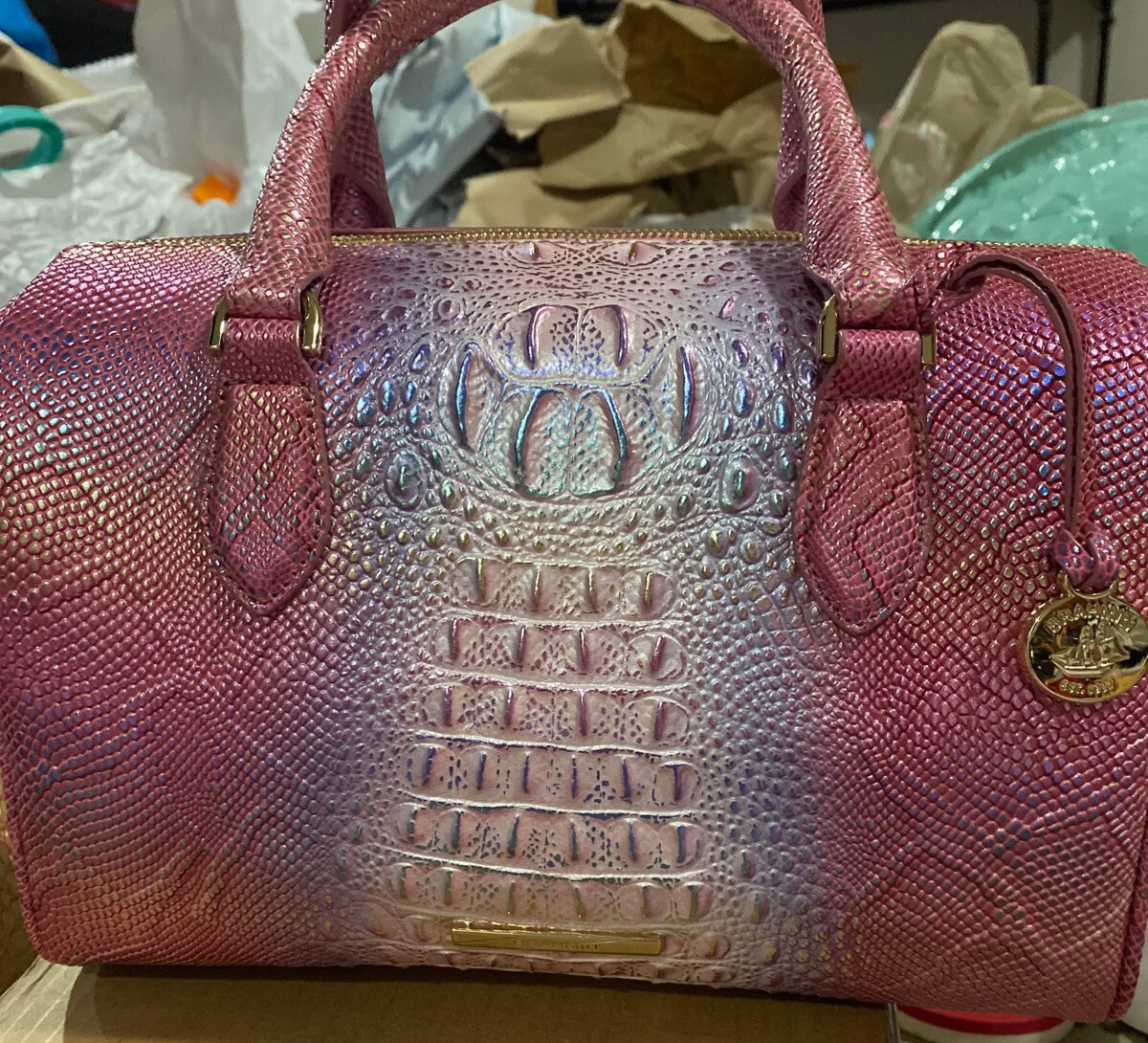 NWT $385 BRAHMIN Stacy Multi Sundial Satchel snake pink purple | eBay
