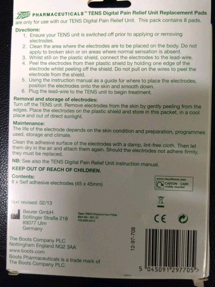 Boots TENS Digital Pain Relief Replacement Pads by beurer- 8 Pads DATED ...