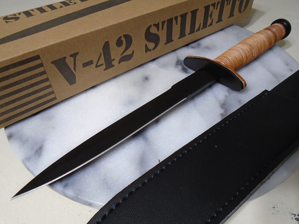 V-42 FSSF Stiletto Dagger Knife Spike Fixed Blade Dual Edge Leather ...