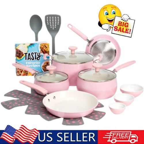 Pink 16-Piece Non-Stick Aluminum Cookware Pots Pans Set Induction ...