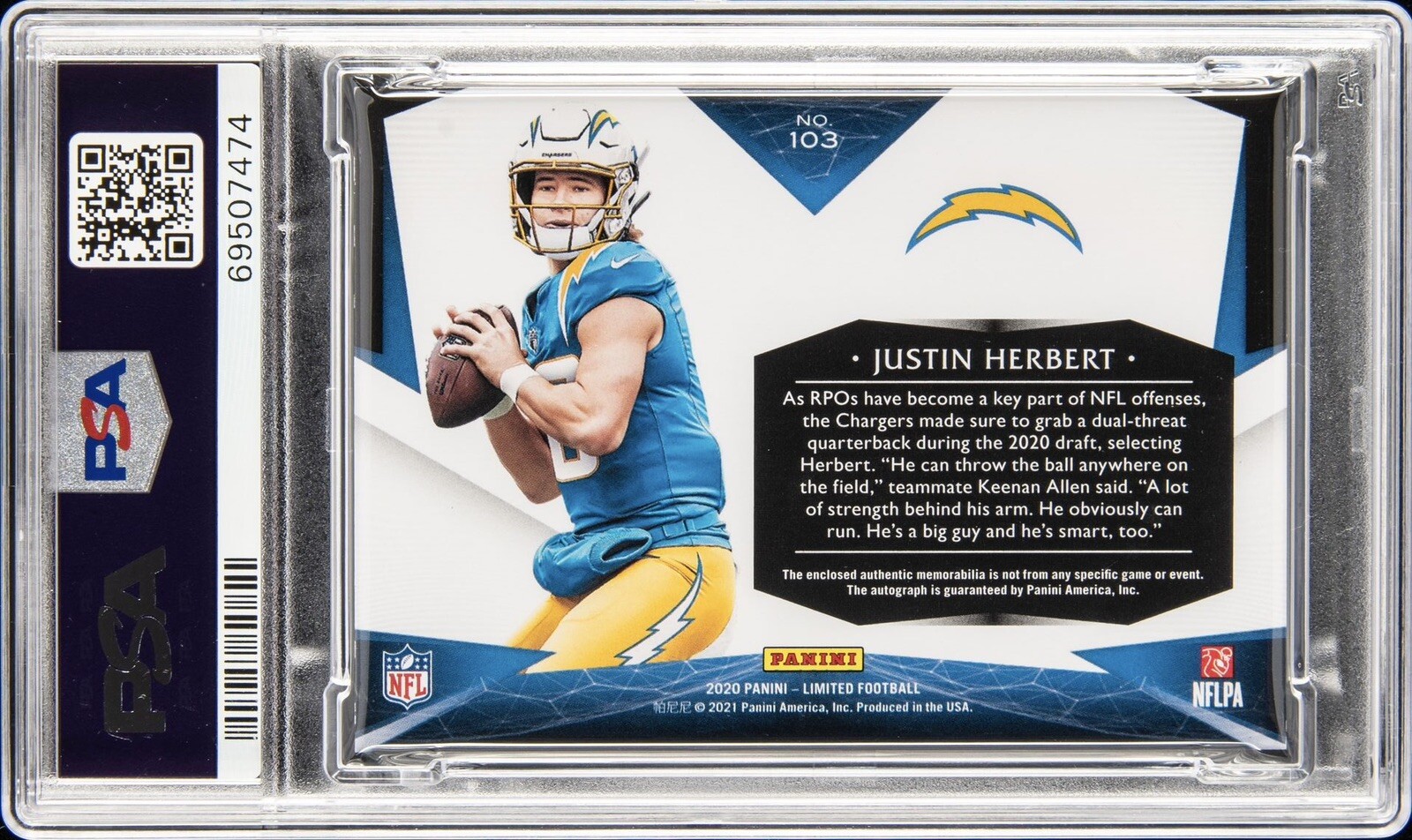 2020 Panini Limited JUSTIN HERBERT Rookie Patch Auto RPA RC /149 PSA 7/ ...
