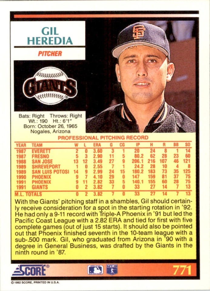 1992 Score Gil Heredia RC San Francisco Giants #771A Baseball Card | eBay
