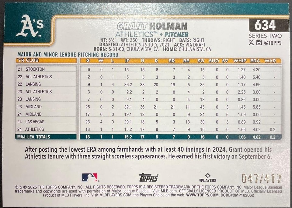 Topps 2025 Grant Holman Athletics Rookie Card Chrome refractor 047 of ...