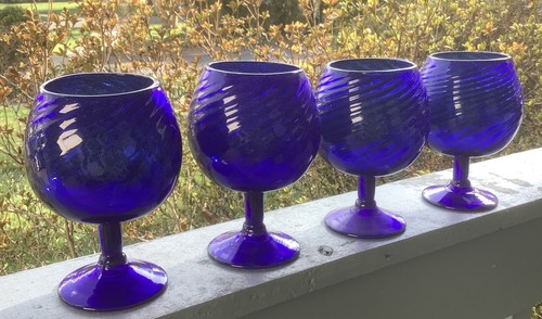 Lot Of 4 Vintage Brandy Snifters. Handblown With Optic Swirl Cobalt ...