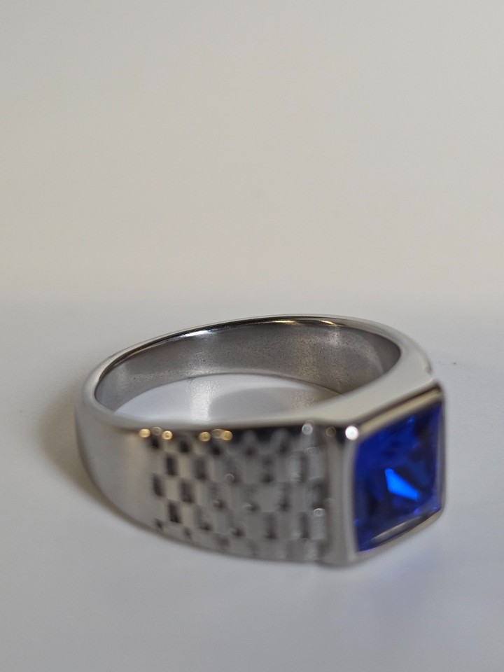 Steel Square Blue Glass Ring Synthetic Stone Size 11 Estate | eBay UK