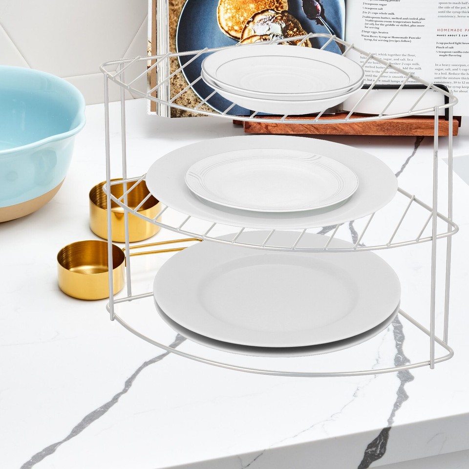 3 TIER KITCHEN CORNER PLATE RACK STORAGE HOLDER STAND PLATES CUPBOARD ...