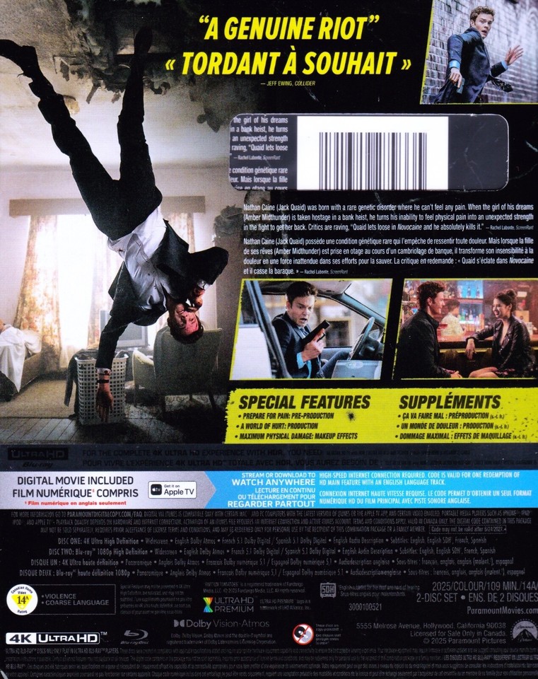 NOVOCAINE 4K ULTRA HD & BLURAY & DIGITAL SET with Jack Quaid & Amber ...