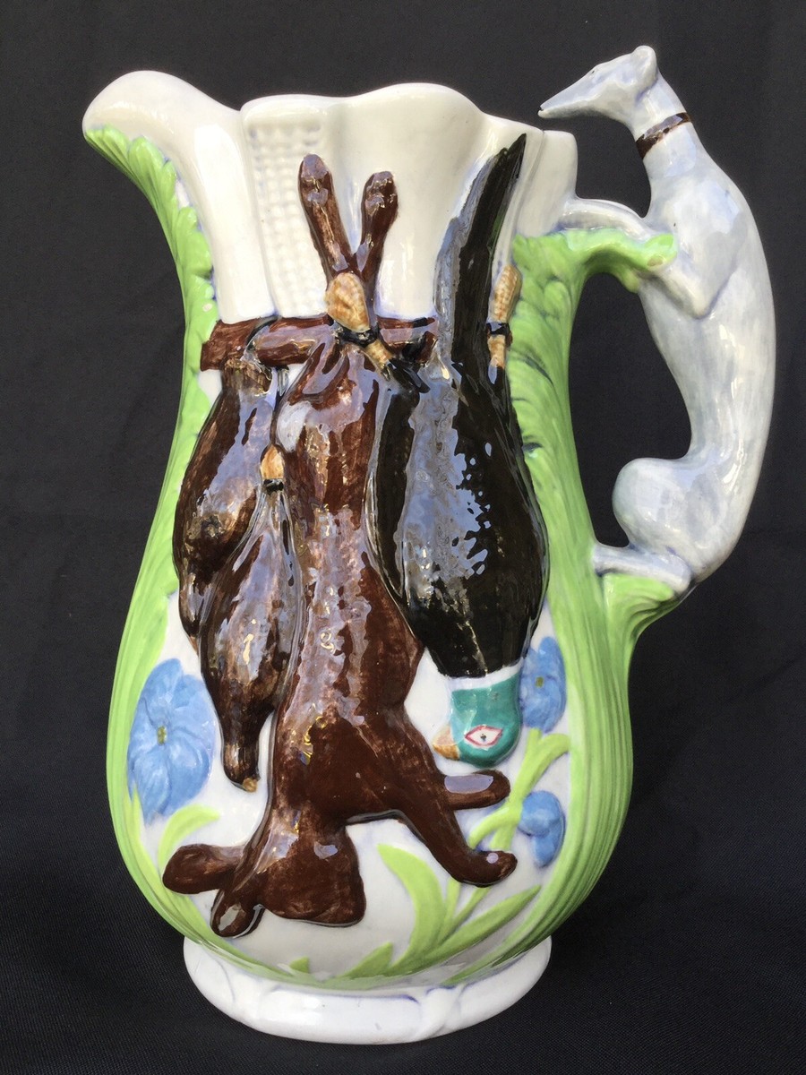 Vintage Majolica Dog Pitcher Large Pottery Water Pitcher With