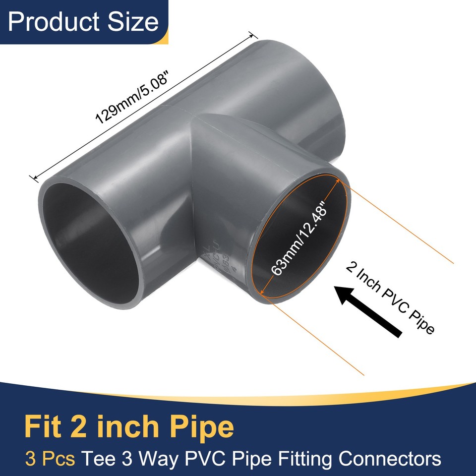 3 Pcs 2 Inch Tee 3 Way PVC Pipe Fittings Connector, Grey | eBay