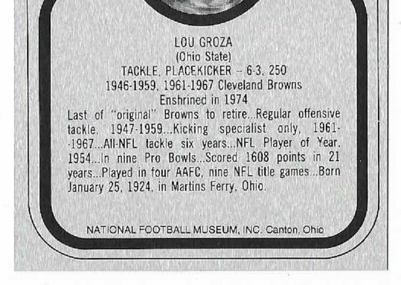 LOU GROZA 1982 Football Hall of Fame Metallic Metal Card Cleveland ...