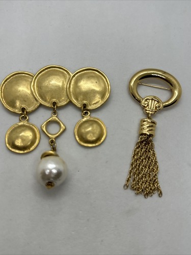 Vintage Monet yellow gold tone pearl tassel dangle ionic brooch pin lot ...