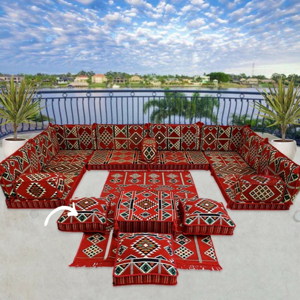 Arabic majlis floor seating, Modular U-shape red corner sofa set ...