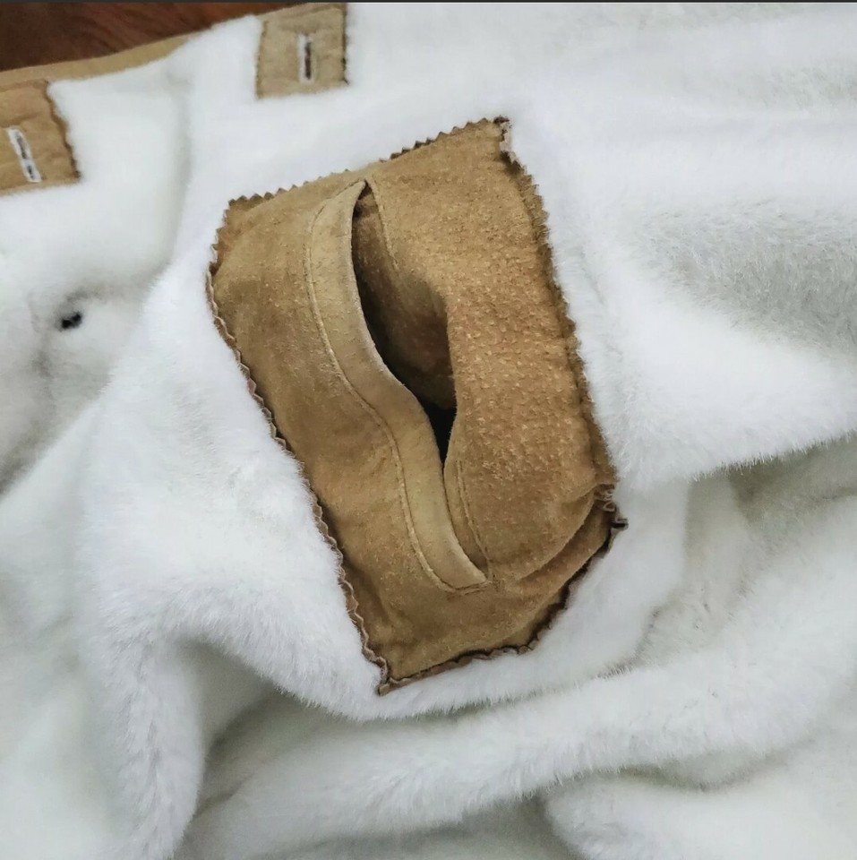 Vintage Military Leather Suede Fur Shearling Coat Hooded Womens L Beige ...