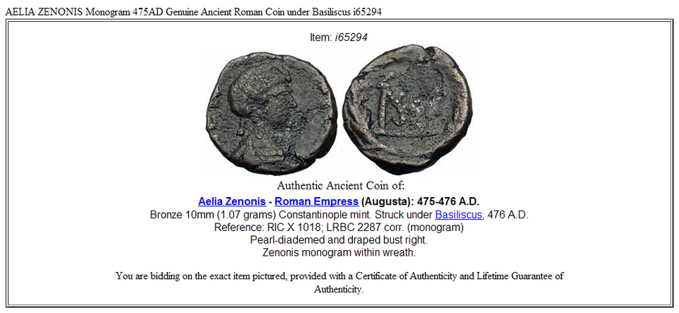 AELIA ZENONIS Monogram 475AD Genuine Ancient Roman Coin under ...