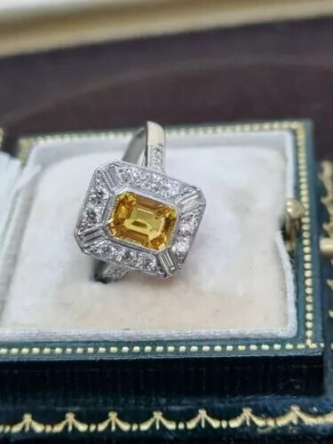 Art Deco Design Canary Yellow Lab-Created Diamond Halo Women's Ring 925 ...