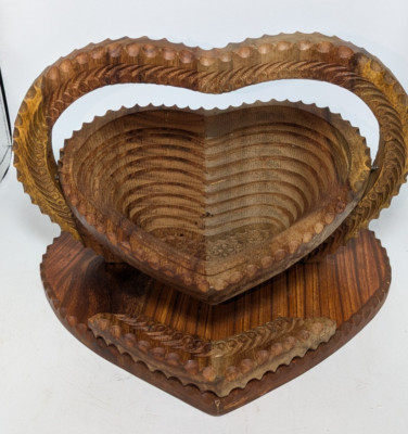 Vintage Folk Tramp Art Wood Folding Heart Shape Carved Basket 10" | eBay