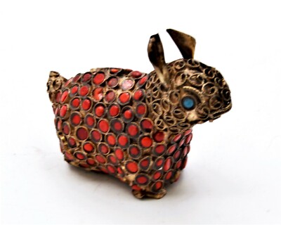 Vintage Nepalese Rabbit Figurine. Hand Set Faux Turquoise & Coral Beads ...