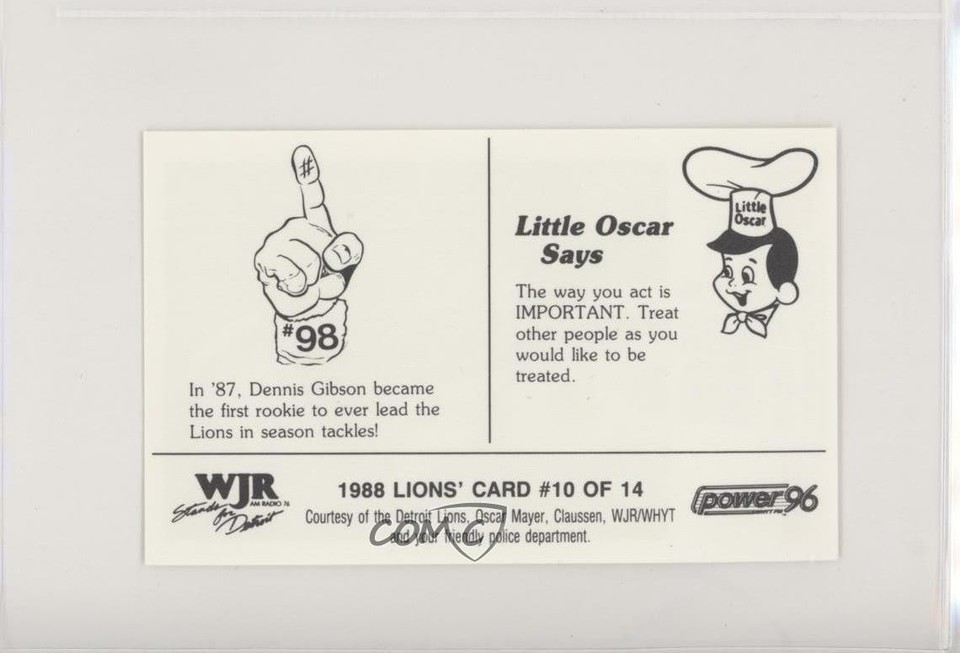 1988 Oscar Mayer Detroit Lions Dennis Gibson #10 fm0 | eBay