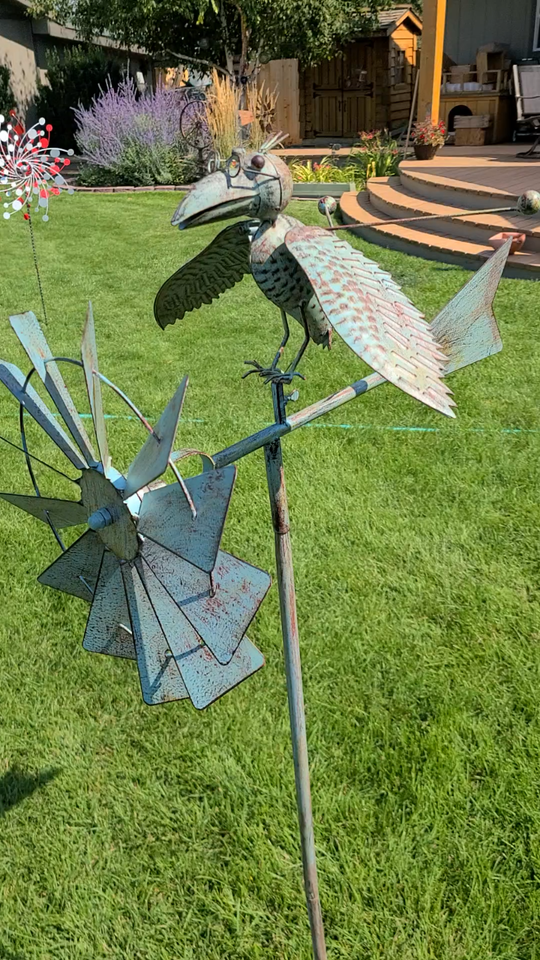 Whimsical Moving Kinetic Metal Bird w/Glasses Yard Stake Wind Spinner ...
