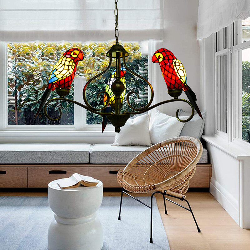 Living Room Ceiling Fixture Chandelier Parrot Tiffany Stained Glass ...